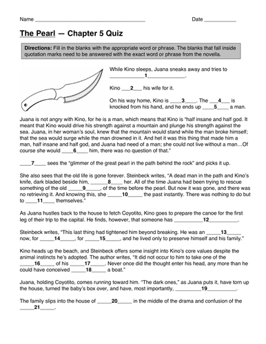 The Pearl by John Steinbeck Novel Chapter Quizzes w/ Answers (6 Quizzes ...