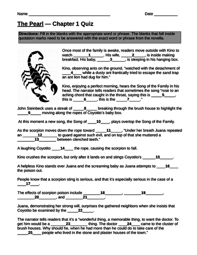 The Pearl by John Steinbeck Novel Chapter Quizzes w/ Answers (6 Quizzes ...