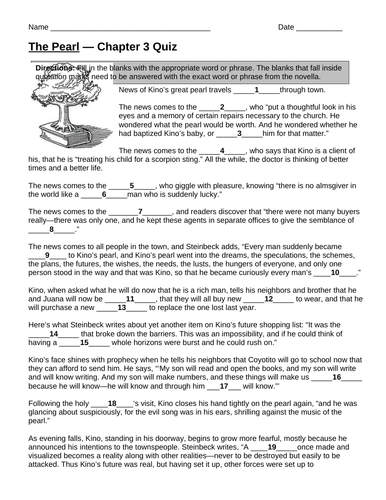The Pearl by John Steinbeck Novel Chapter Quizzes w/ Answers (6 Quizzes ...