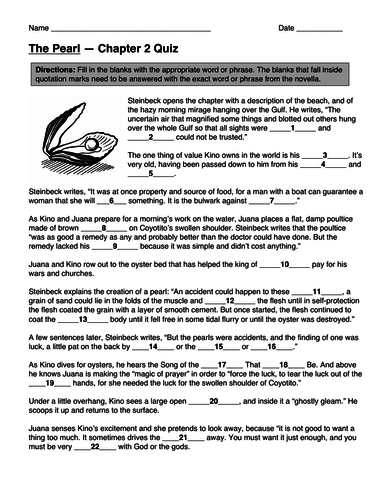 The Pearl by John Steinbeck Novel Chapter Quizzes w/ Answers (6 Quizzes ...