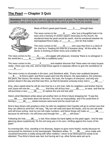 The Pearl by John Steinbeck Novel Chapter Quizzes w/ Answers (6 Quizzes ...