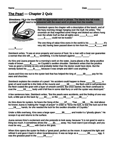 The Pearl by John Steinbeck Novel Chapter Quizzes w/ Answers (6 Quizzes ...