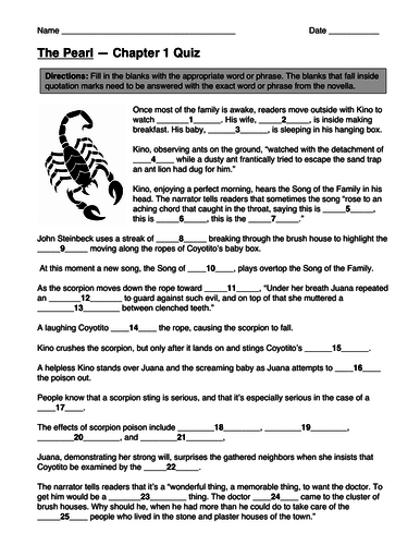 The Pearl by John Steinbeck Novel Chapter Quizzes w/ Answers (6 Quizzes ...
