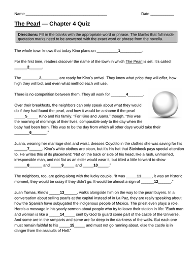 The Pearl by John Steinbeck Novel Chapter Quizzes w/ Answers (6 Quizzes ...