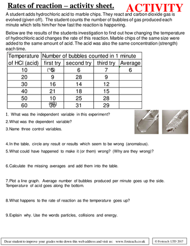 Rates of reaction - surface area, concentration, and temperature ...