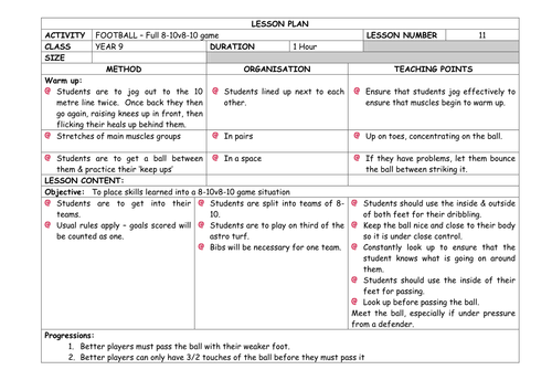 Detailed FOOTBALL (Advanced) Unit of Work - Yr 9 Lesson Plans x12 ...