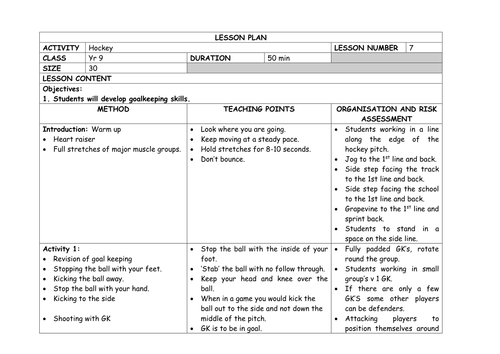 Detailed HOCKEY Unit of Work - Yr 9 Lesson Plans x 8 | Teaching Resources