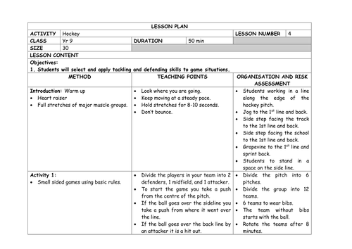 Detailed HOCKEY Unit of Work - Yr 9 Lesson Plans x 8 | Teaching Resources