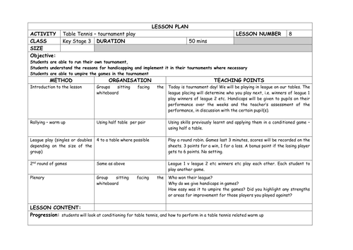 Detailed TABLE TENNIS Unit of Work - Yr 9 Lesson Plans x 8 | Teaching ...