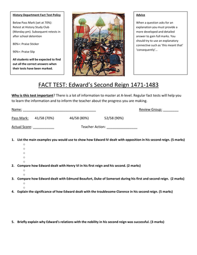 Fact Tests - Henry VI & Edward IV | Teaching Resources