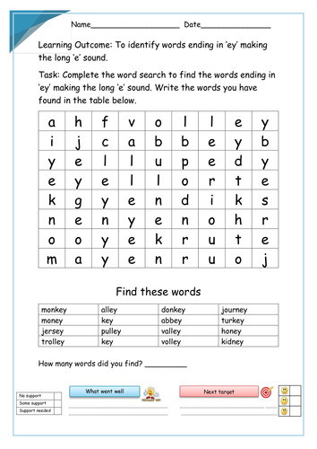 Words ending in 'ey' - long 'e' word search by Krazikas - Teaching ...