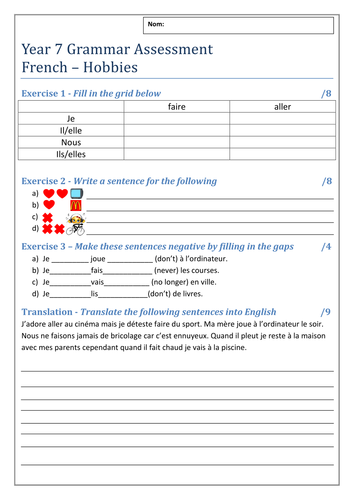 French Grammar Assessment & Translation - Hobbies | Teaching Resources