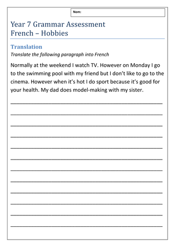 French Grammar Assessment & Translation - Hobbies | Teaching Resources