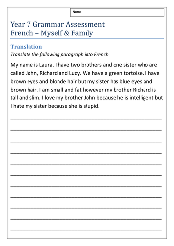 French Myself & Family - Grammar Assessment and Translation | Teaching ...