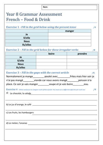 French - Grammar Assessment and Translation - Food | Teaching Resources
