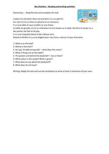 KS3 French ma chambre my bedroom furniture and prepositions | Teaching ...