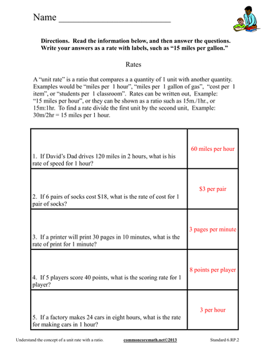 Unit Rates and Ratios - 6.RP.2 | Teaching Resources