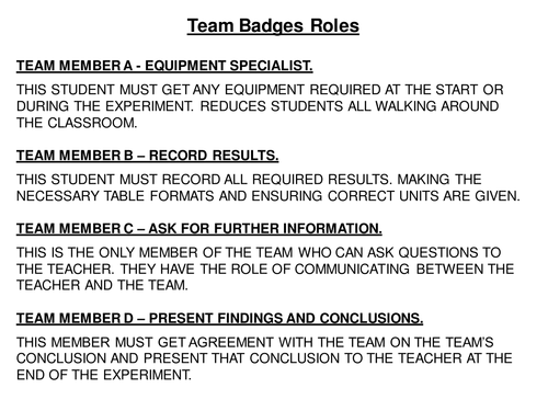 "STUDENT ID TASK BADGES " - SPECIFIC TASK ROLES FOR GROUP PRACTICAL ...