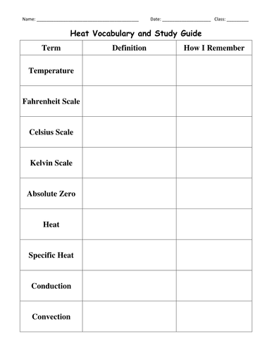 Physics Thermal Energy, Heat, and Temperature Vocabulary and Study ...