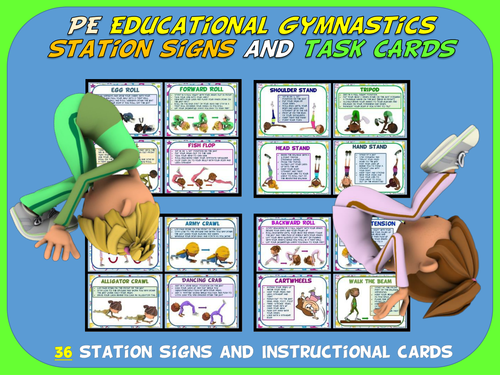 PE Educational Gymnastics Station Signs and Task Cards- 36 Signs and ...