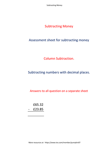 Subtracting money worksheet with decimal column substraction. Pack #1 ...