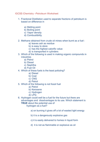 IGCSE Chemistry Petroleum refining Worksheet | Teaching Resources