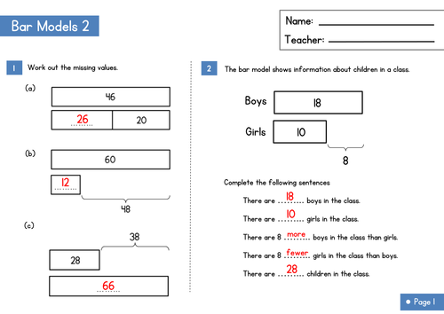 Bar Modelling Worksheet - Comparison Model Questions by WRMathsHub ...