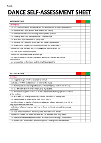 KS3 Dance Self-Assessment Sheet | Teaching Resources