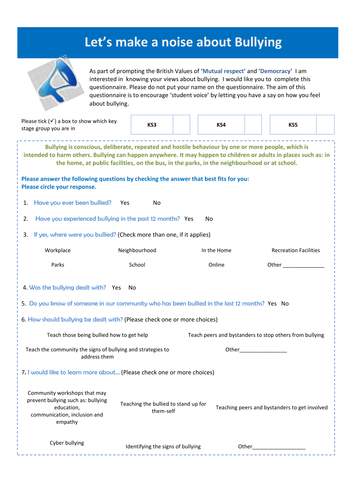 Anti bullying questionnaire with classroom display to promote good ...
