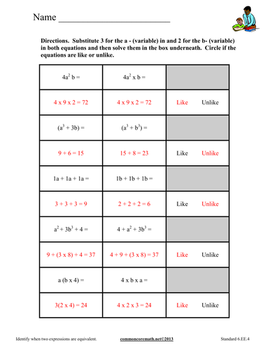Identify Equivalent Expressions by Substituting for Variables - 6.EE.4 ...