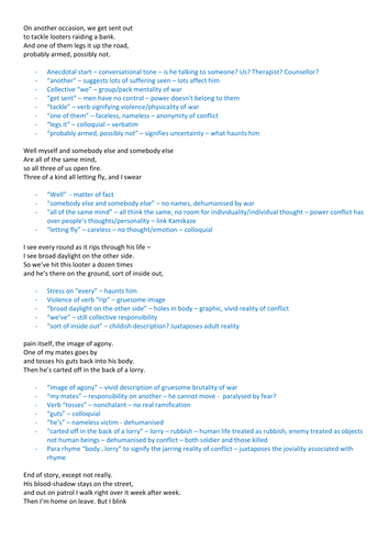 Remains By Simon Armitage Teaching Resources