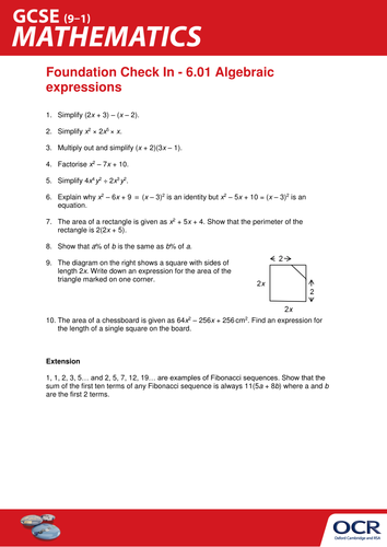 OCR Maths: Foundation GCSE - Check In Test 6.01 Algebraic expressions ...