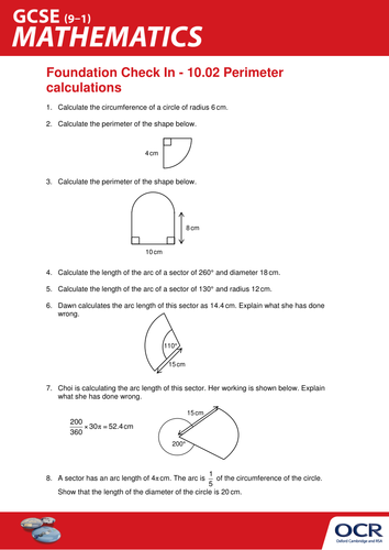 OCR Maths: Foundation GCSE - Check In Test 10.02 Perimeter calculations ...