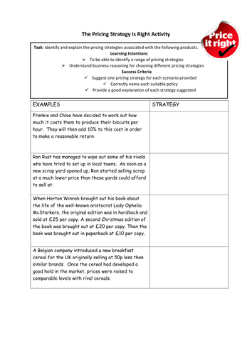 The Marketing Mix : Price Strategies | Teaching Resources