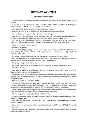 The Yellow Wallpaper - Charlotte Gilman 3-4 whole lessons, ready to ...