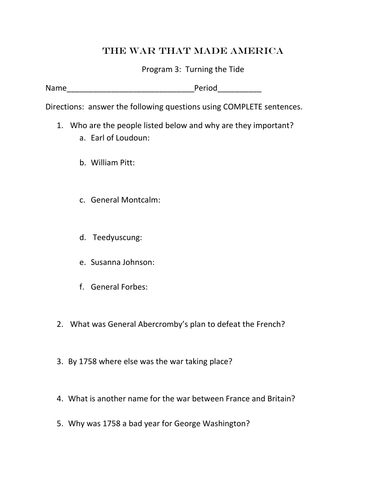 The War that made America Video Guide Worksheets | Teaching Resources