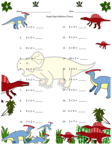 Single Digit Addition - Dinosaur Themed Worksheets - Horizontal ...