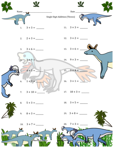 Single Digit Addition - Dinosaur Themed Worksheets - Horizontal ...