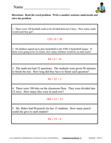 Transform Word Problems to Equations and Solve - 4.OA.2 | Teaching ...