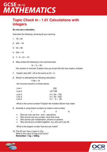 OCR Maths: Initial learning for GCSE - Check In Test 1.01 Calculations ...