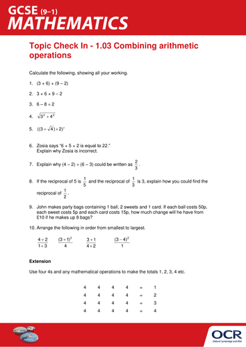 OCR Maths: Initial learning for GCSE - Check In Test 1.03 Combining ...