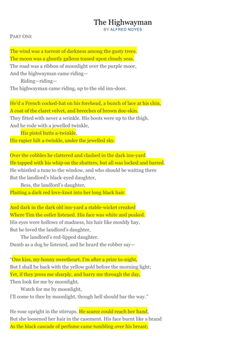 The Highwayman Poem | Teaching Resources