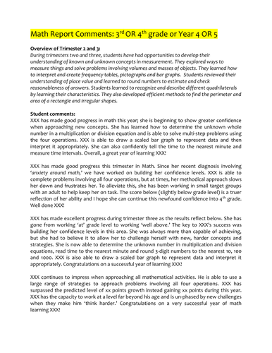 Math Report Comments: 3rd OR 4th grade or Year 4 OR 5 | Teaching Resources Math Report Comments: 3rd OR 4th grade or Year 4 OR 5 | Teaching Resources