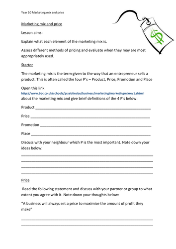 Marketing mix and price year 10 | Teaching Resources