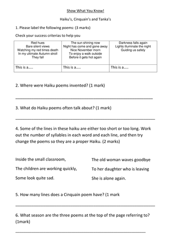 Haiku, Tanka and Cinquain comprehension activity | Teaching Resources