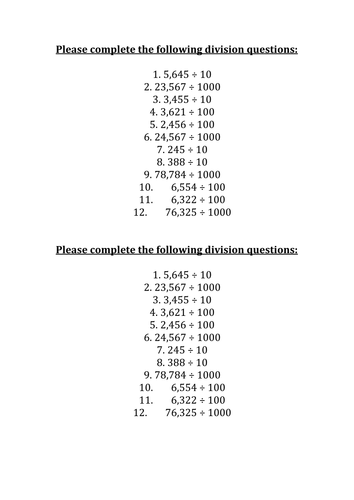 Division by 10, 100 and 1000 questions | Teaching Resources