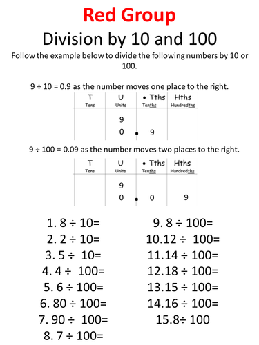 Division by 10, 100 and 1000 questions by matthewewilmot - Teaching ...