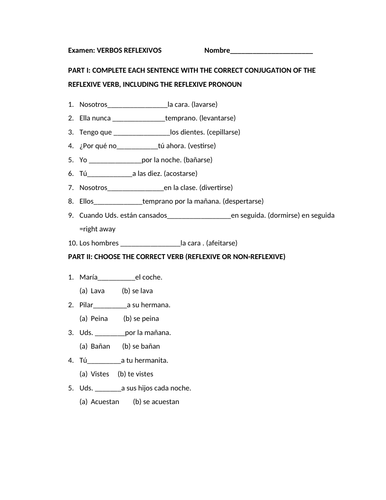 reflexive verbs test | Teaching Resources