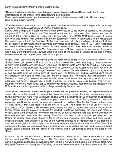 The Russian Revolution, Lenin's New Economic Policy NEP and Stalin's ...