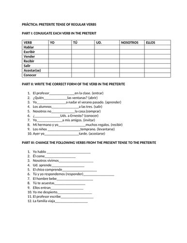 Preterit tense worksheets Spanish | Teaching Resources